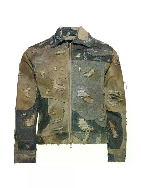 WHO DECIDES WAR Patchwork Distressed Trucker Denim Jacket - Brown