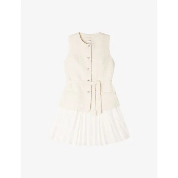 Sandro Tie-waist Contrast-skirt Woven Mini Dress - Ecru