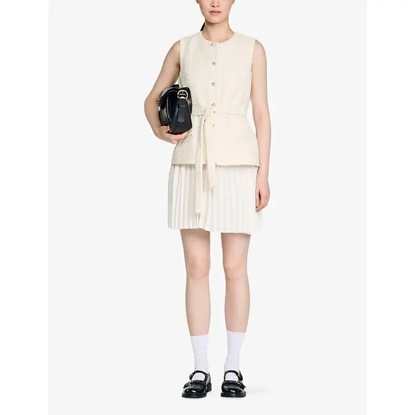Sandro Tie-waist Contrast-skirt Woven Mini Dress - Ecru