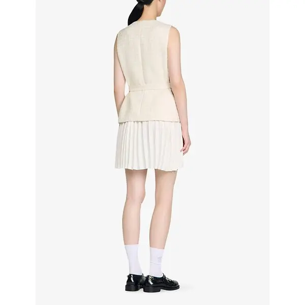 Sandro Tie-waist Contrast-skirt Woven Mini Dress - Ecru