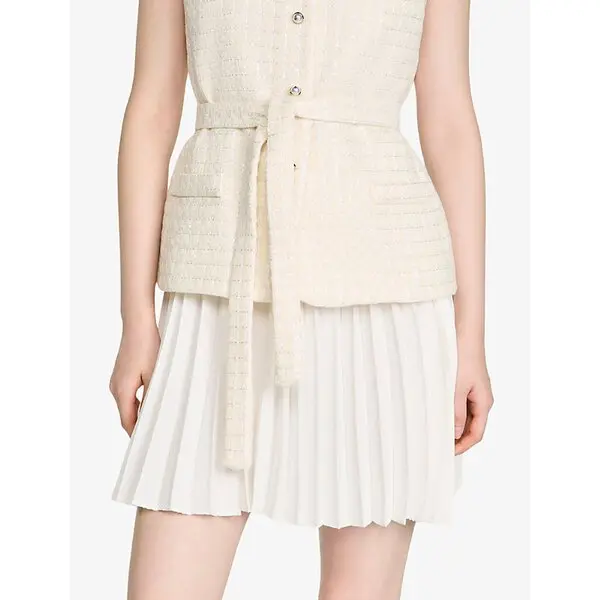 Sandro Tie-waist Contrast-skirt Woven Mini Dress - Ecru