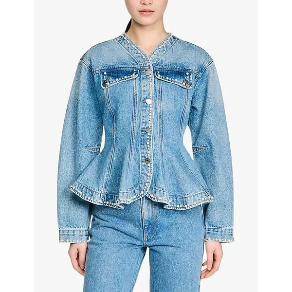 Sandro Peplum-hem Beaded-trim Denim Jacket - Blue Jean