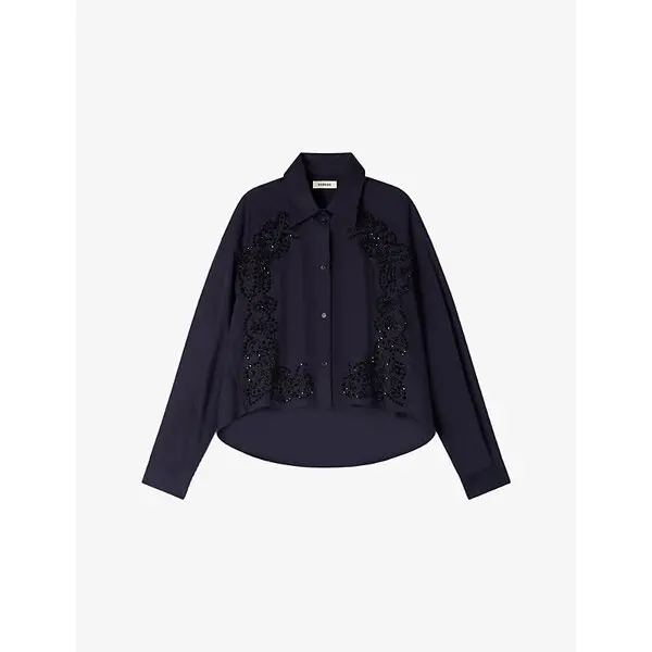 Sandro Floral-embroidered Cotton Shirt - Navy Blue