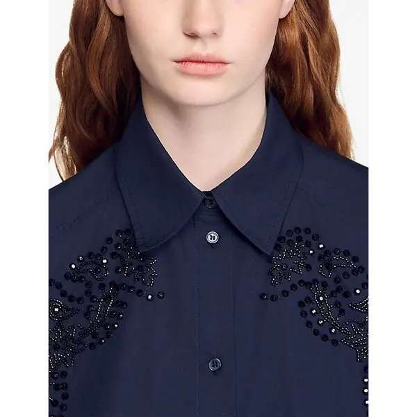 Sandro Floral-embroidered Cotton Shirt - Navy Blue