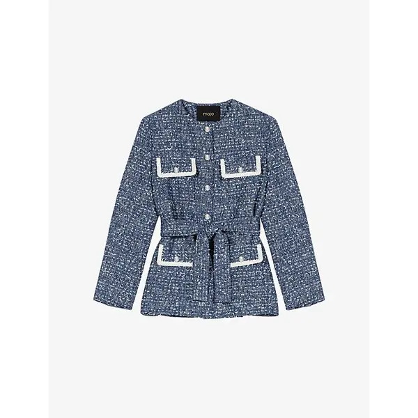 Maje Four-pocket Belted Tweed Jacket - Blue
