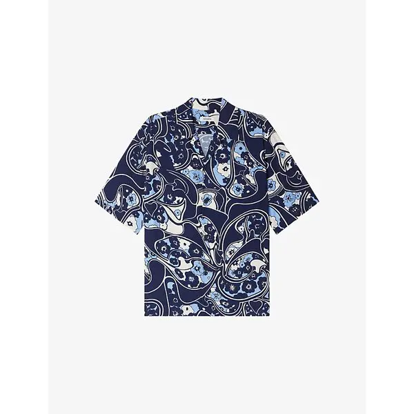Sandro Retro-print Short-sleeved Woven Shirt - Navy Blue