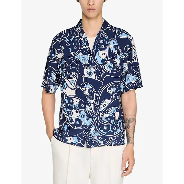 Sandro Retro-print Short-sleeved Woven Shirt - Navy Blue