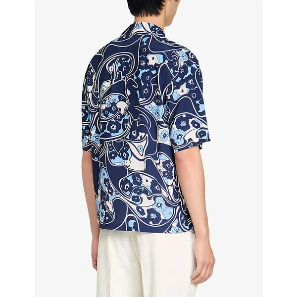 Sandro Retro-print Short-sleeved Woven Shirt - Navy Blue