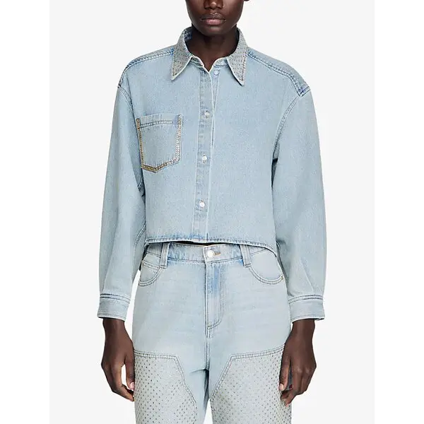 Sandro Rhinestone-trimmed Cropped Denim Shirt