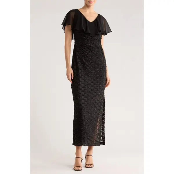 CONNECTED APPAREL Beaded Ruffle Neck Gown - Black