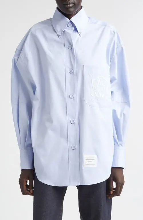 Thom Browne Crest Embroidered Oversize Cotton Poplin Button-down Shirt - Light Blue