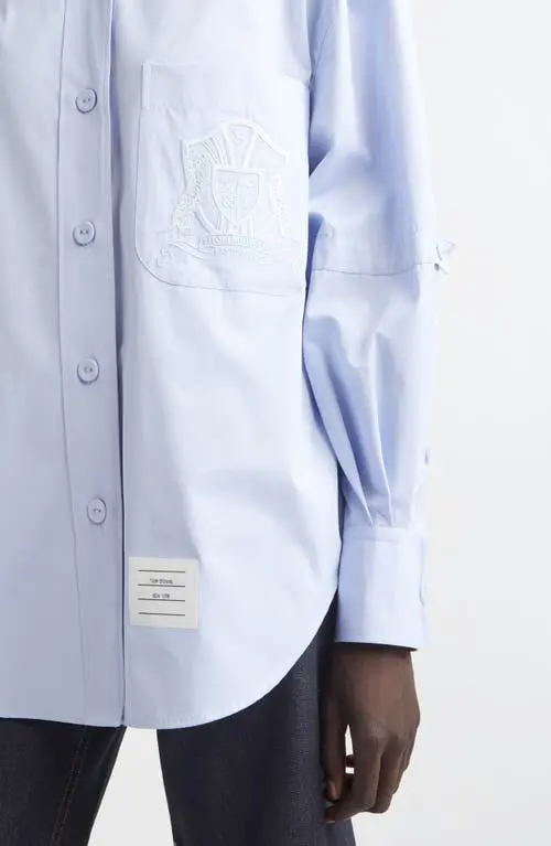 Thom Browne Crest Embroidered Oversize Cotton Poplin Button-down Shirt - Light Blue