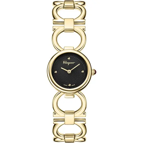 FERRAGAMO Double Gancini Bracelet Watch - Yellow Gold/black