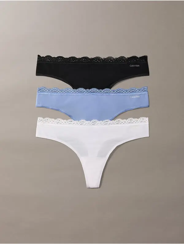 Calvin Klein Microfiber Stretch With Lace 3-pack Thong - Black/blue Tulip/frosty Lilac