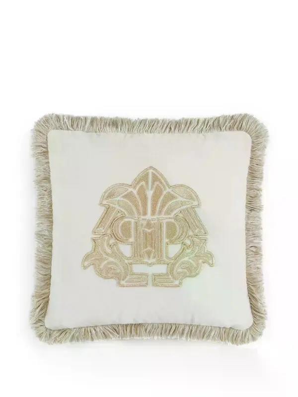Philipp Plein Gothic Monogram Fringed Cushion - Neutrals