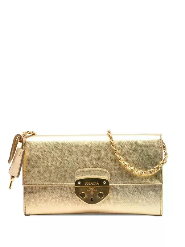 Prada 2010-2025 Saffiano Sound Lock Wallet On Chain Crossbody Bag - Gold