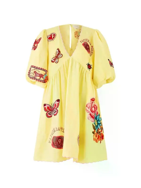 Camilla Puff-sleeve V-neck Mini Dress - Yellow