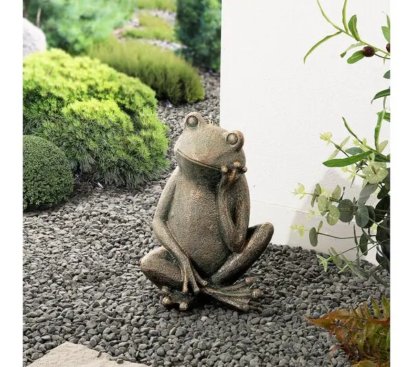 GLITZHOME 12h Resin Bronze Sitting Frog Statu E