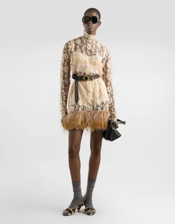 Dolce & Gabbana Floral Chantilly Lace Dress - Beige