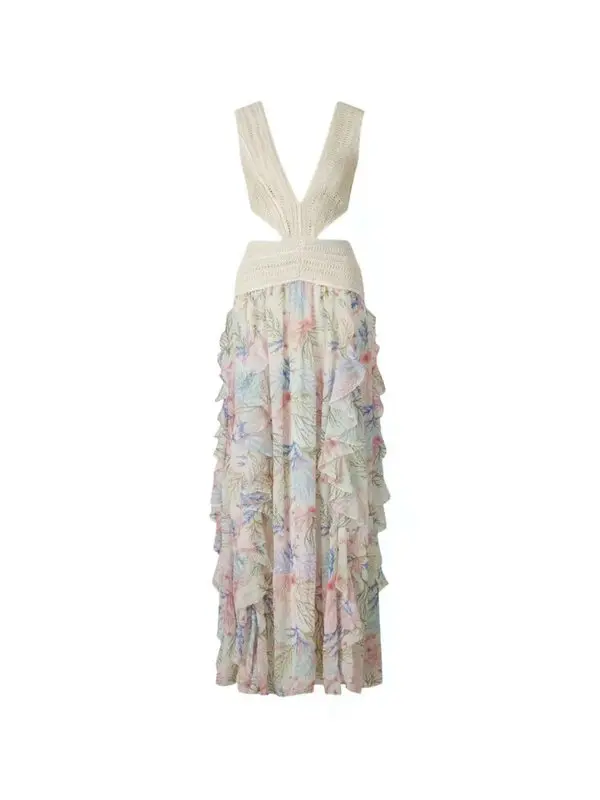 PatBO Seaweed Trim Cut-out Ruffled Maxi Dress - Neutrals