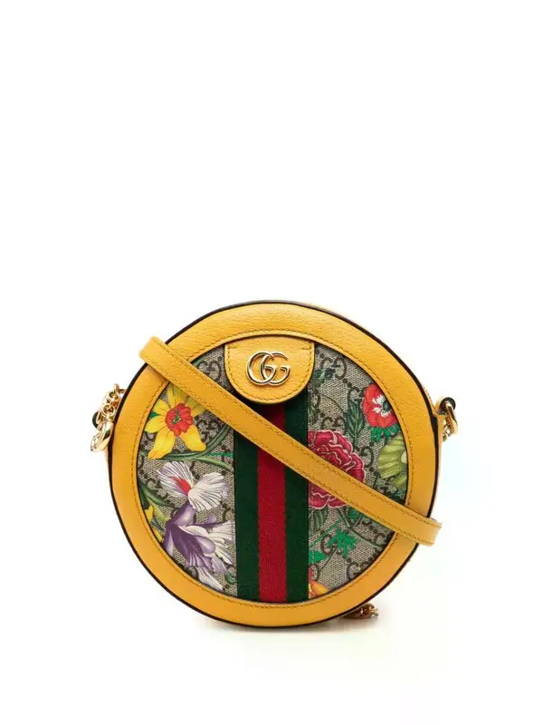 Gucci Mini Gg Supreme Flora Ophidia Round Crossbody Bag - Brown