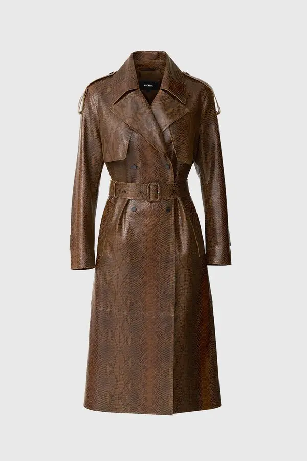 Mackage Snake Pattern Leather Trench Coat - Umber
