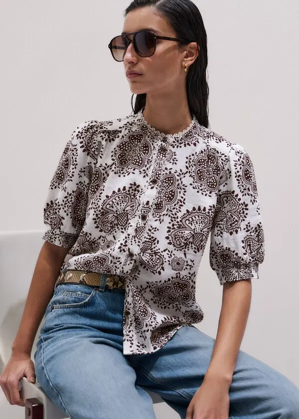 ME+EM Printed Cheesecloth Straight Blouse - Soft White/brown