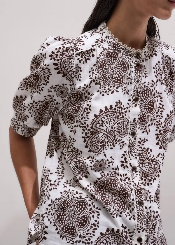 ME+EM Printed Cheesecloth Straight Blouse - Soft White/brown
