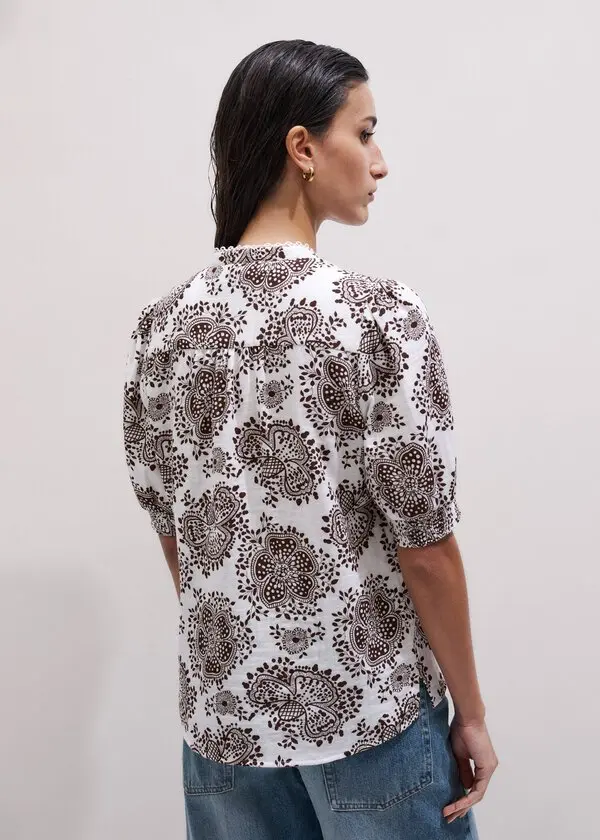 ME+EM Printed Cheesecloth Straight Blouse - Soft White/brown