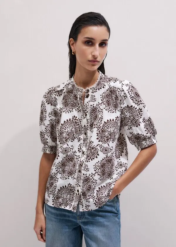 ME+EM Printed Cheesecloth Straight Blouse - Soft White/brown