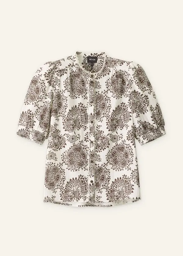 ME+EM Printed Cheesecloth Straight Blouse - Soft White/brown