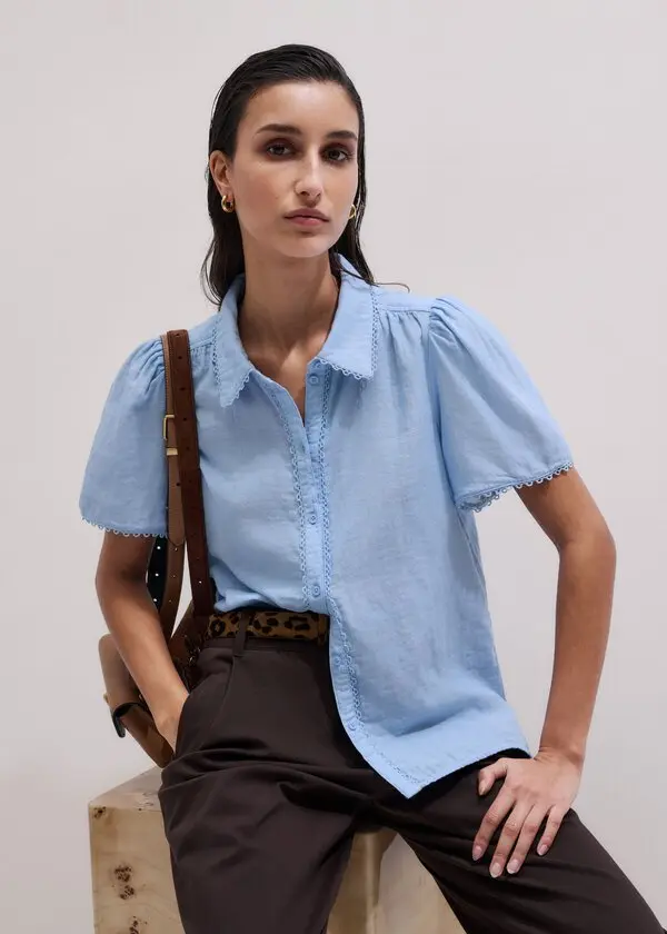 ME+EM Cheesecloth Trim Blouse - Chambray Blue