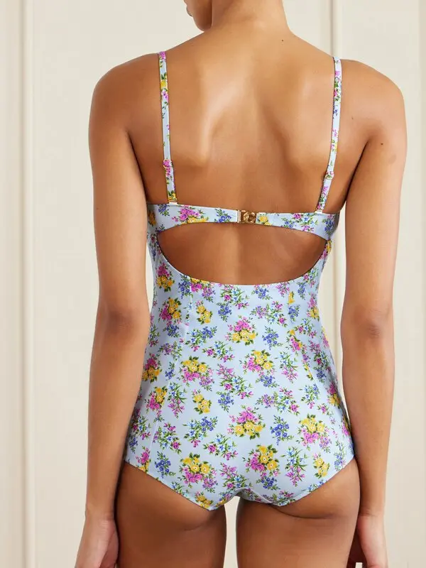 Dolce & Gabbana Embellished Floral-print One-piece Swimsuit - Blue