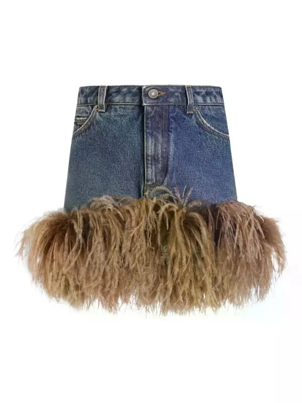 Dolce & Gabbana Denim Mini Skirt With Feather Trim - Blue