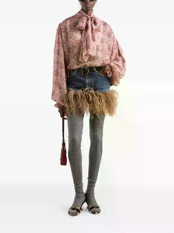 Dolce & Gabbana Denim Mini Skirt With Feather Trim
