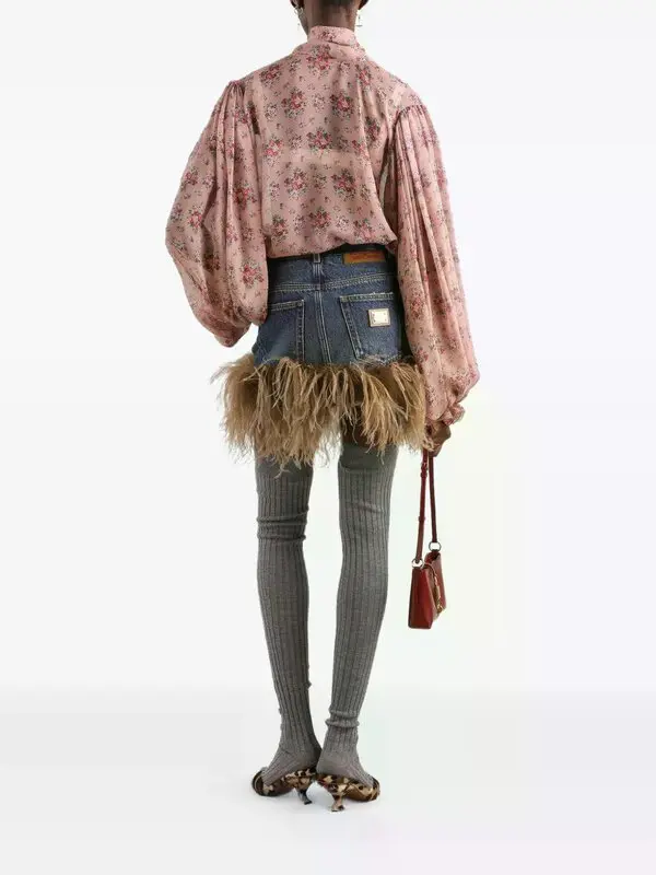 Dolce & Gabbana Denim Mini Skirt With Feather Trim