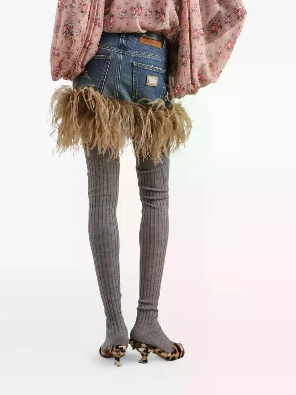 Dolce & Gabbana Denim Mini Skirt With Feather Trim