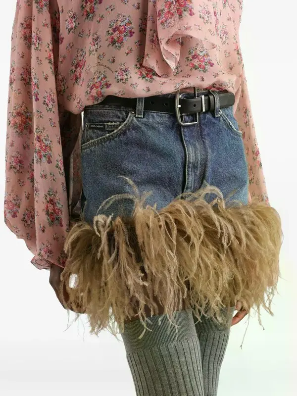 Dolce & Gabbana Denim Mini Skirt With Feather Trim
