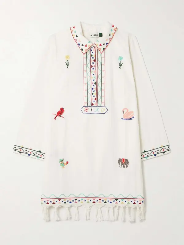 Rixo Astoria Fringed Embroidered Mini Dress