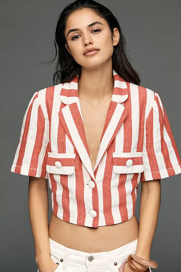 Maeve Striped Cropped Blazer Jacket - Red/white Stripe