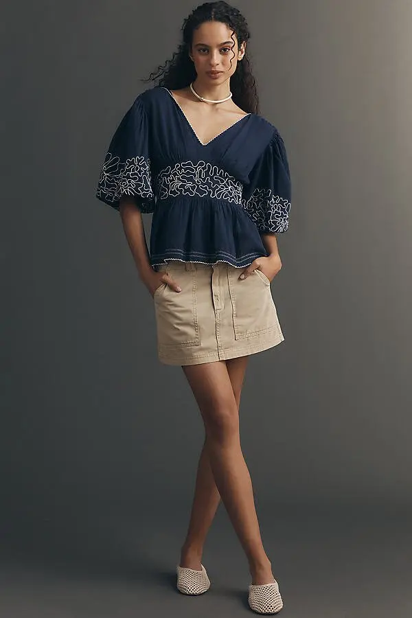 Maeve Embroidered Puff-sleeve Top