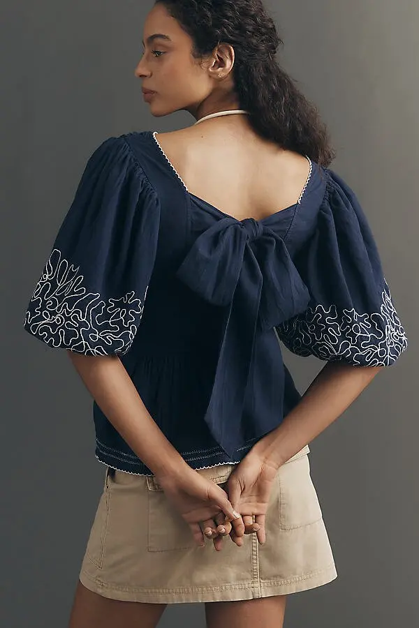 Maeve Embroidered Puff-sleeve Top