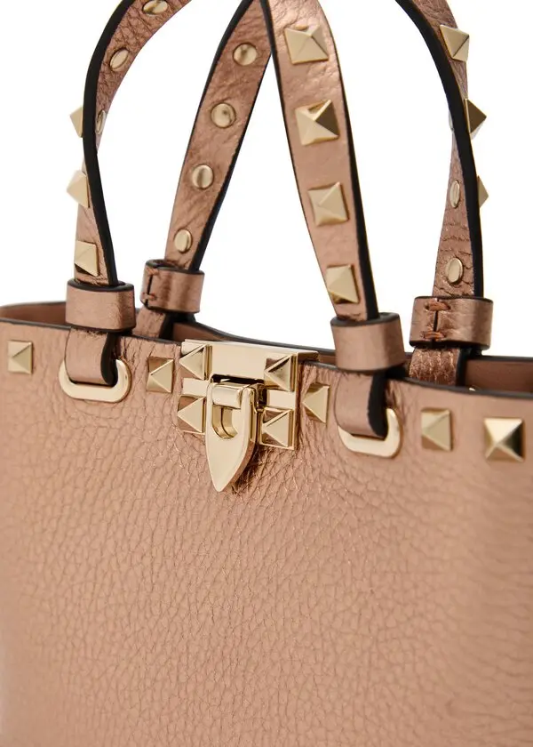 Valentino Garavani Rockstud Mini Metallic Grained Leather Top Handle Bag - Rose