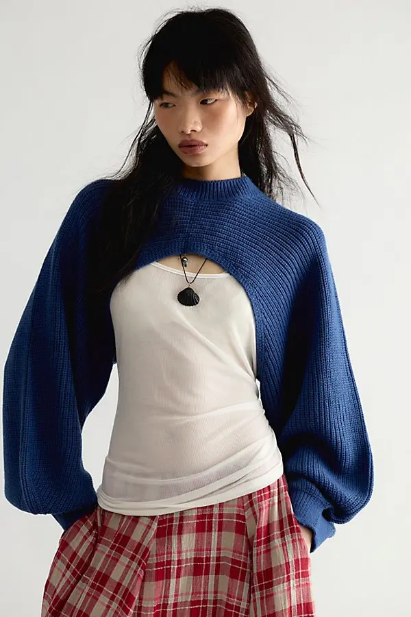 Free People Emery Ribbed Knit Bolero With Voluminous Sleeves - Denim