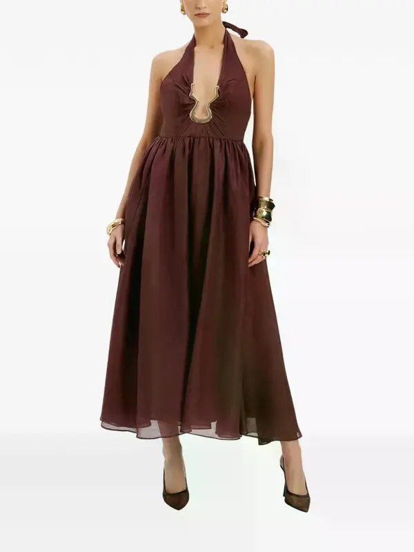 Bardot Halter-detail Midi Dress - Brown