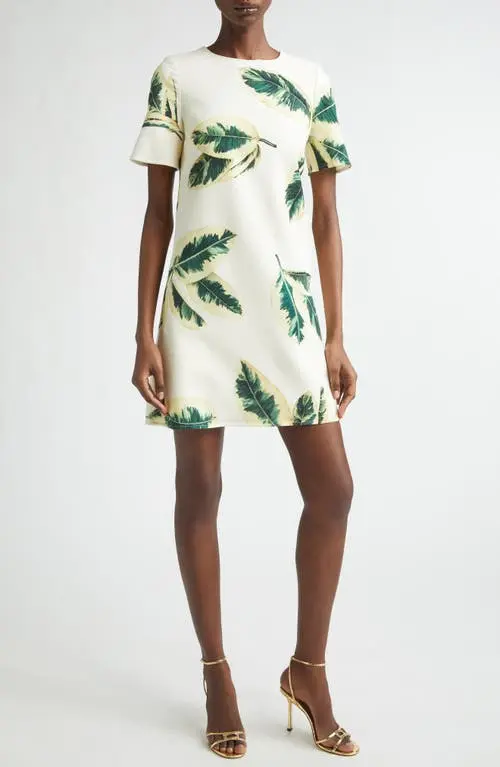Oscar De La Renta Ficus Leaves Wool Blend Shift Dress - Green/ivory