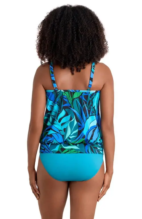 SHAPESOLVER High Neck Mesh Tankini Swimsuit Top - Leaf Sensation