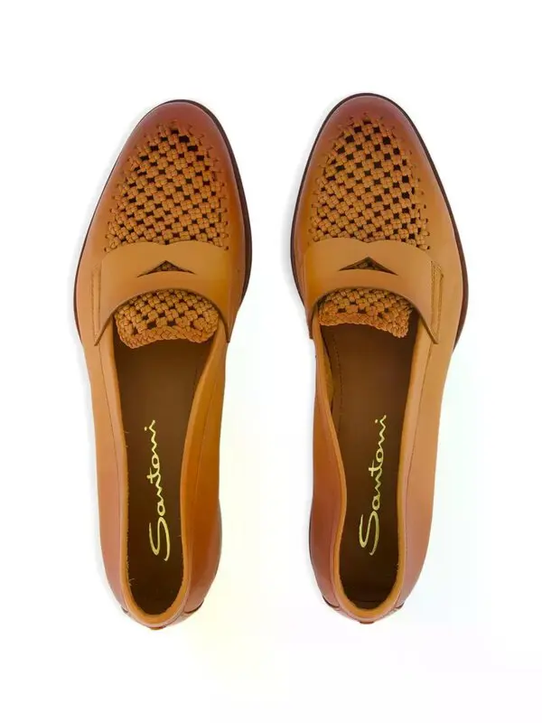 Santoni Leather Loafers With Woven Detailing - Brown