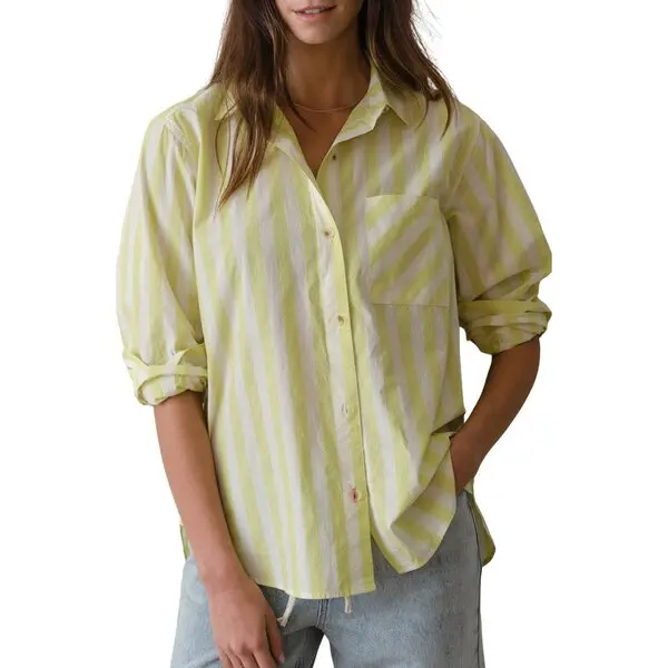 Marine Layer Relaxed Stripe Cotton Poplin Button-up Shirt - Lime Stripe