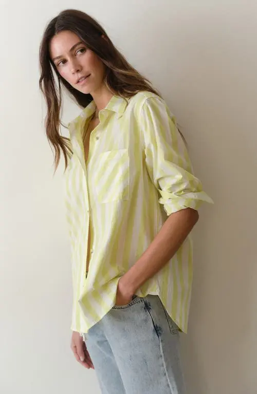 Marine Layer Relaxed Stripe Cotton Poplin Button-up Shirt - Lime Stripe